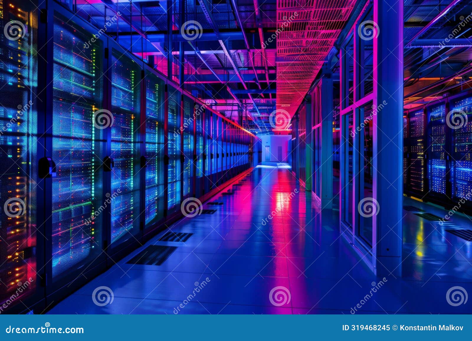 Rows of Servers Fill a Long Building Hallway in a Data Center Stock ...