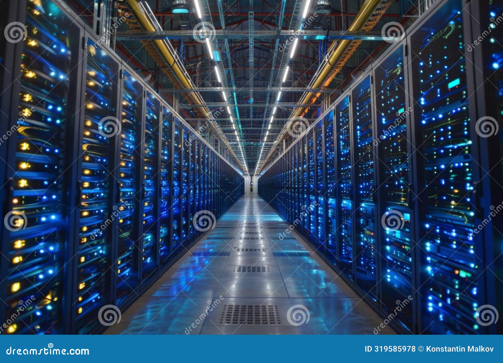 Rows of Servers Fill a Long Building Hallway in a Data Center Stock ...