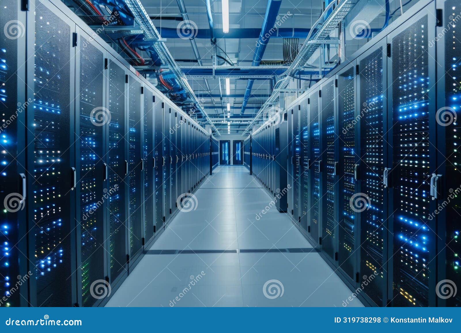 Rows of Servers Fill a Long Building Hallway in a Data Center Stock ...