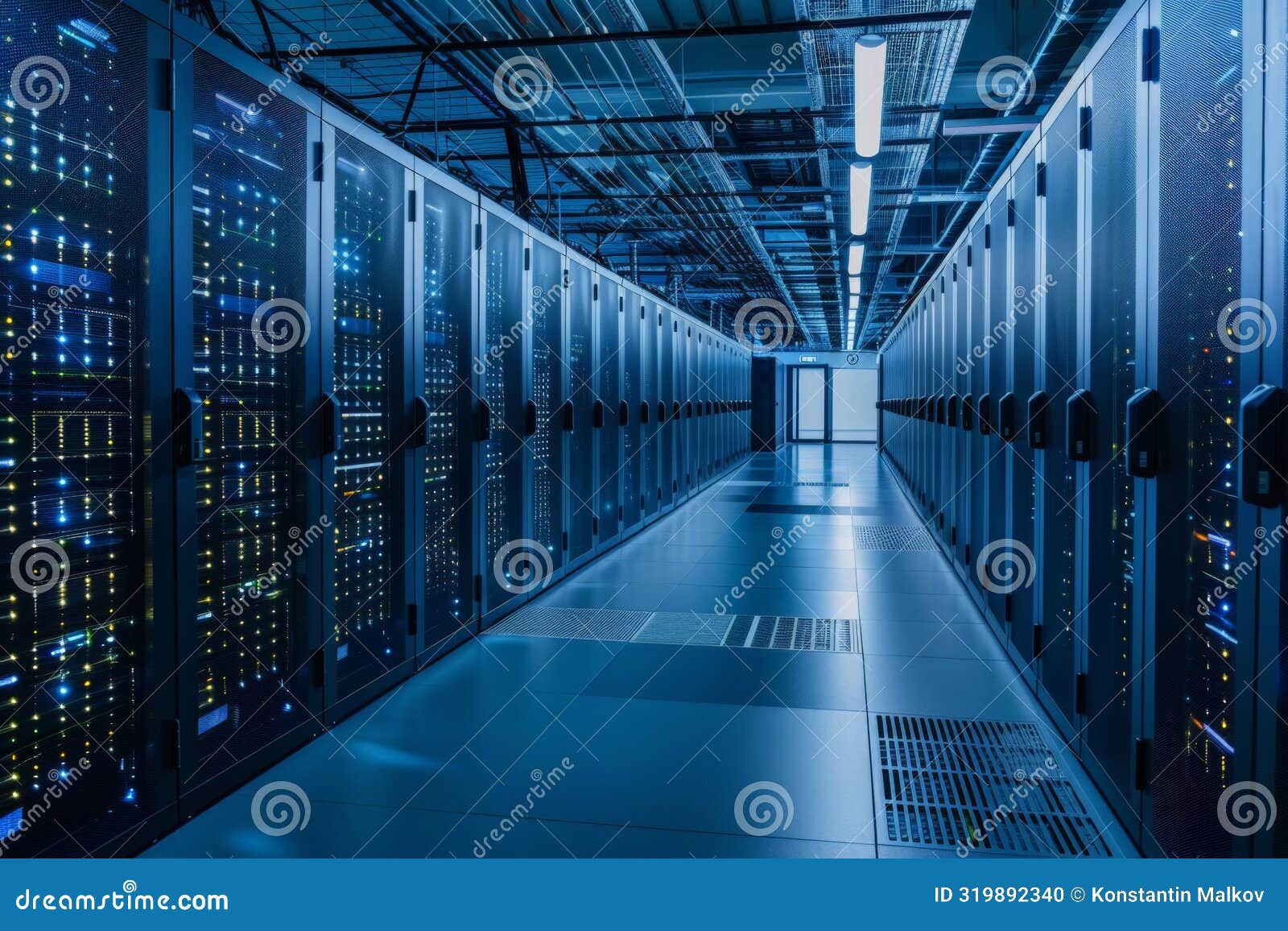 Rows of Servers Fill a Long Building Hallway in a Data Center Stock ...