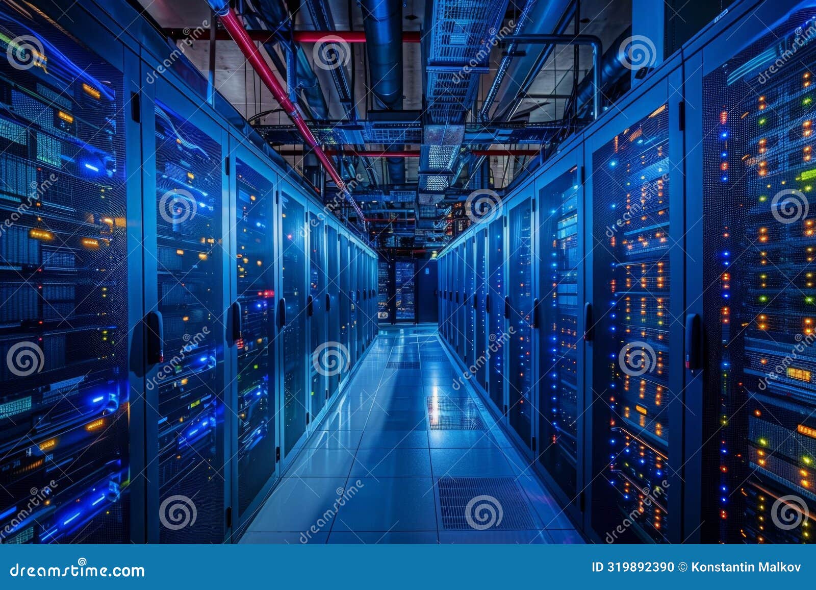 Rows of Servers Fill a Long Building Hallway in a Data Center Stock ...