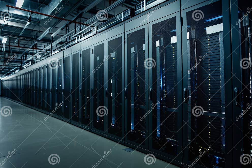 Rows of Servers Fill a Long Building Hallway in a Data Center Stock ...