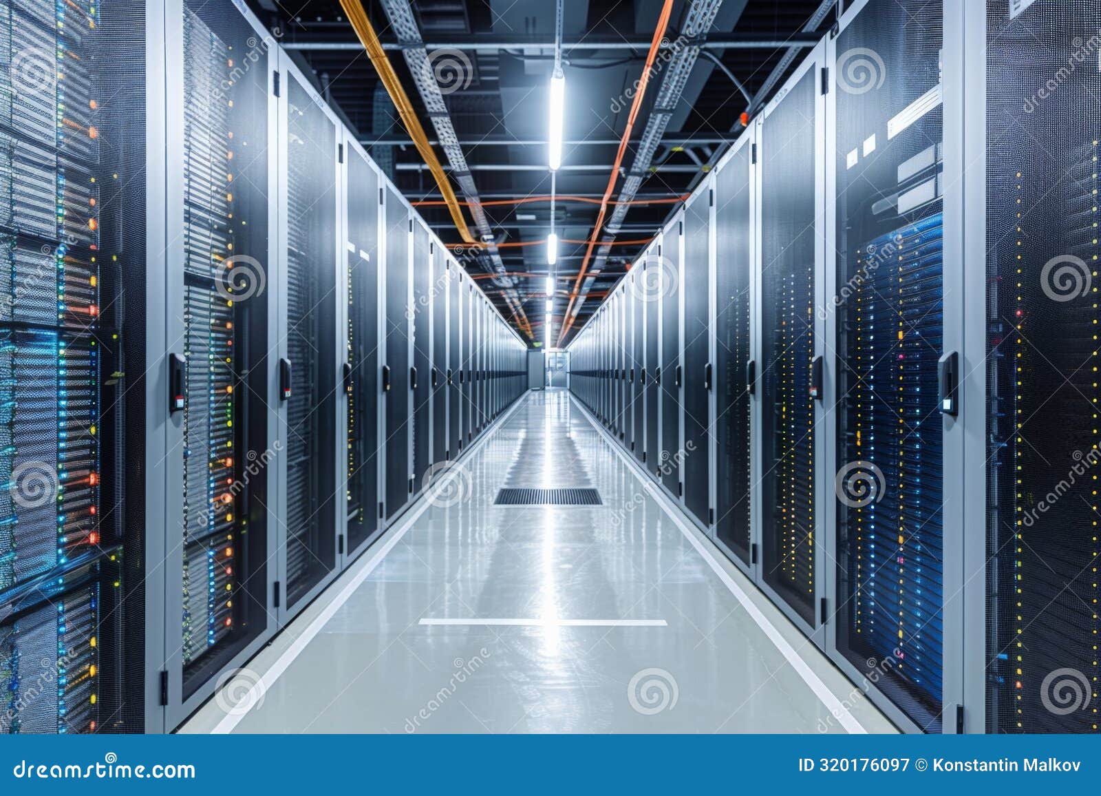 Rows of Servers Fill a Long Building Hallway in a Data Center Stock ...