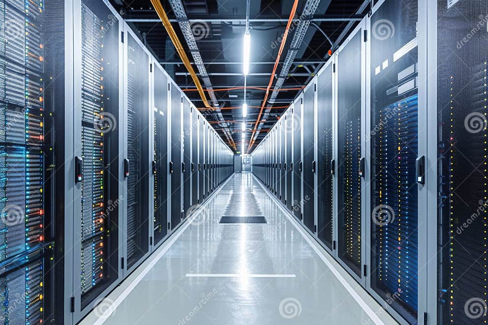 Rows of Servers Fill a Long Building Hallway in a Data Center Stock ...