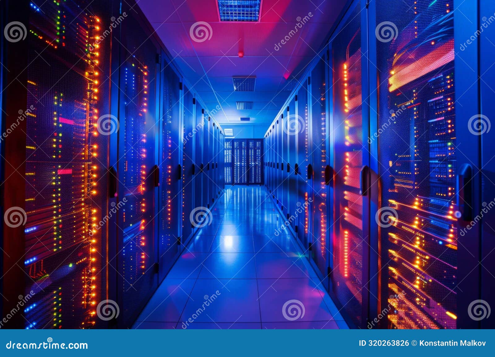 Rows of Servers Fill a Long Building Hallway in a Data Center Stock ...
