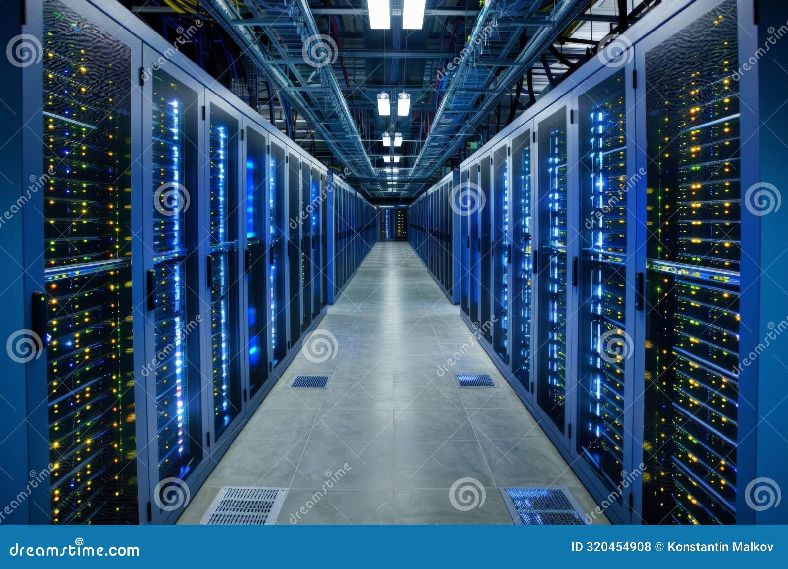 Rows of Servers Fill a Long Building Hallway in a Data Center Stock ...
