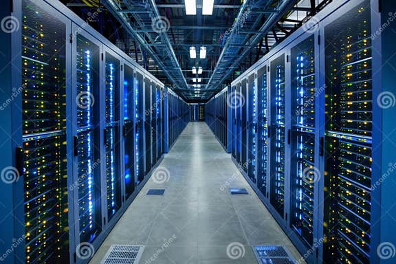 Rows of Servers Fill a Long Building Hallway in a Data Center Stock ...