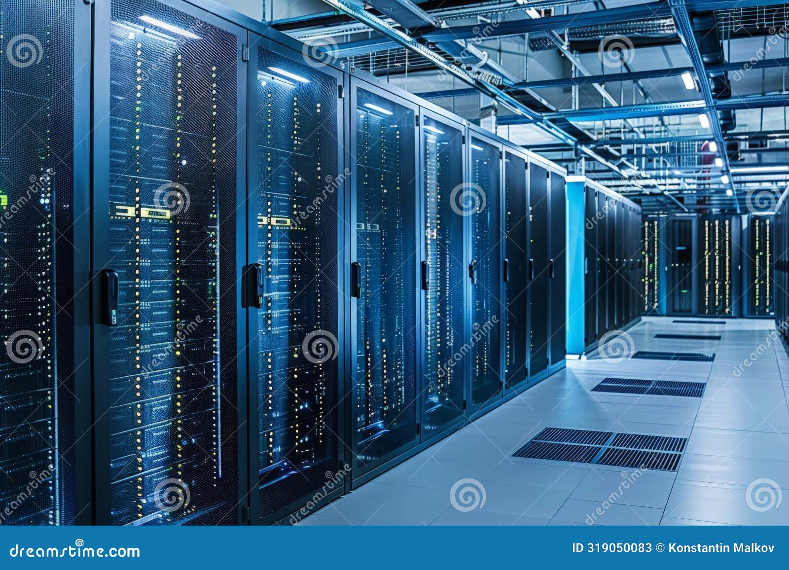 Rows of Servers Fill a Long Building Hallway in a Data Center Stock ...