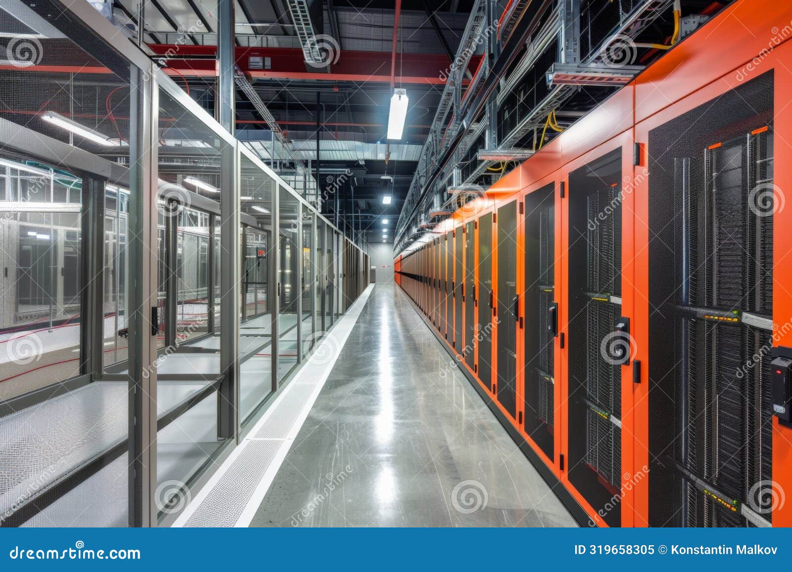 Rows of Servers Fill a Long Building Hallway in a Data Center Stock ...