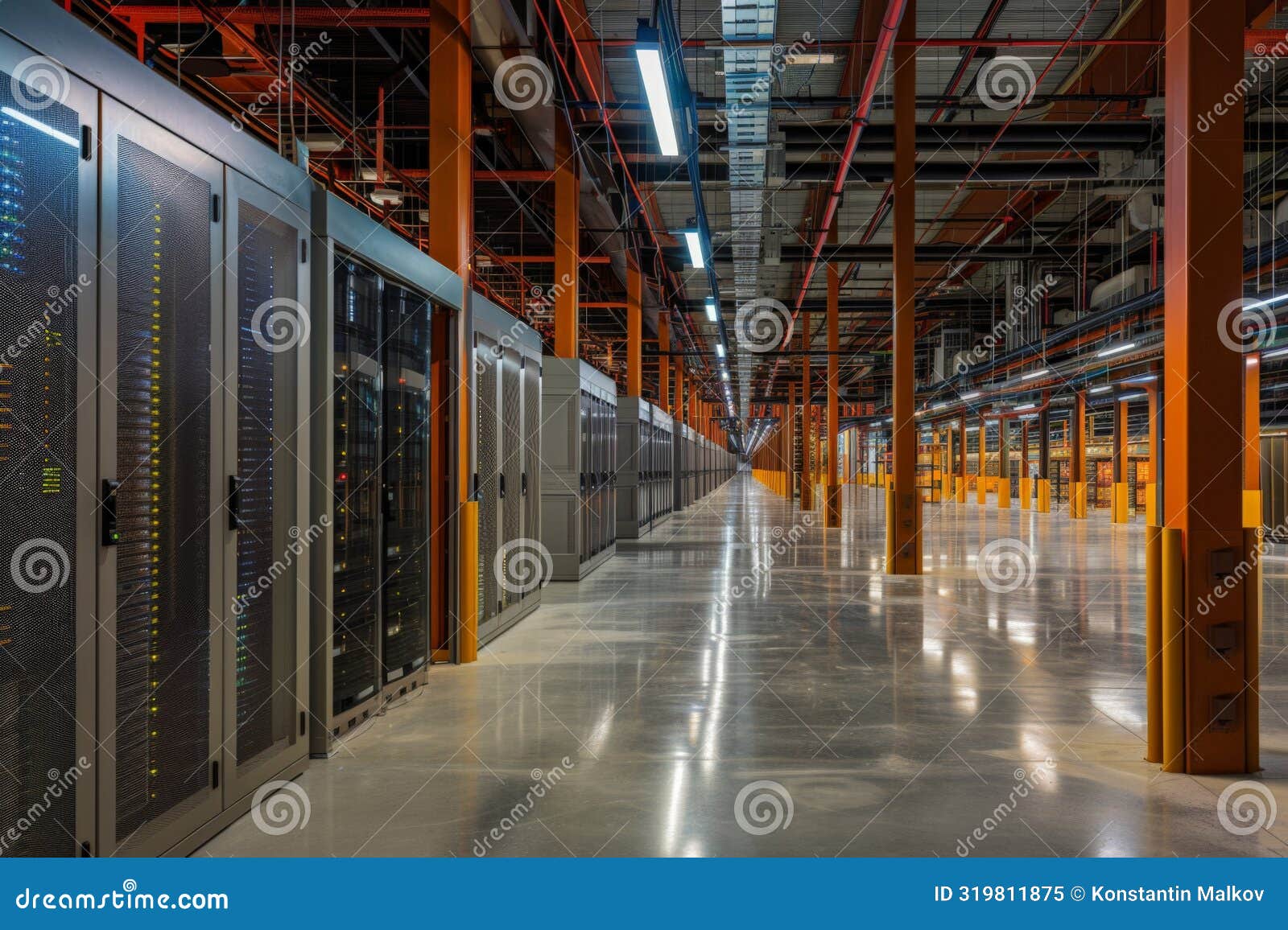Rows of Servers Fill a Long Building Hallway in a Data Center Stock ...