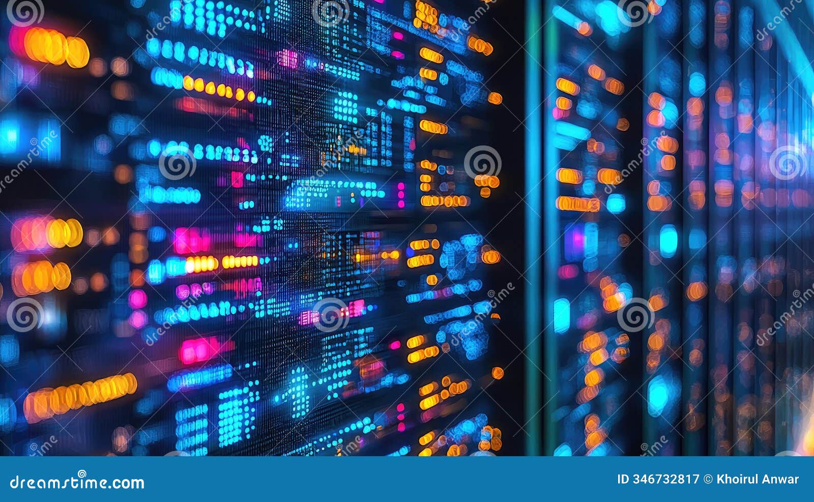 Rows of Servers with Glowing Digital Displays Stock Illustration ...