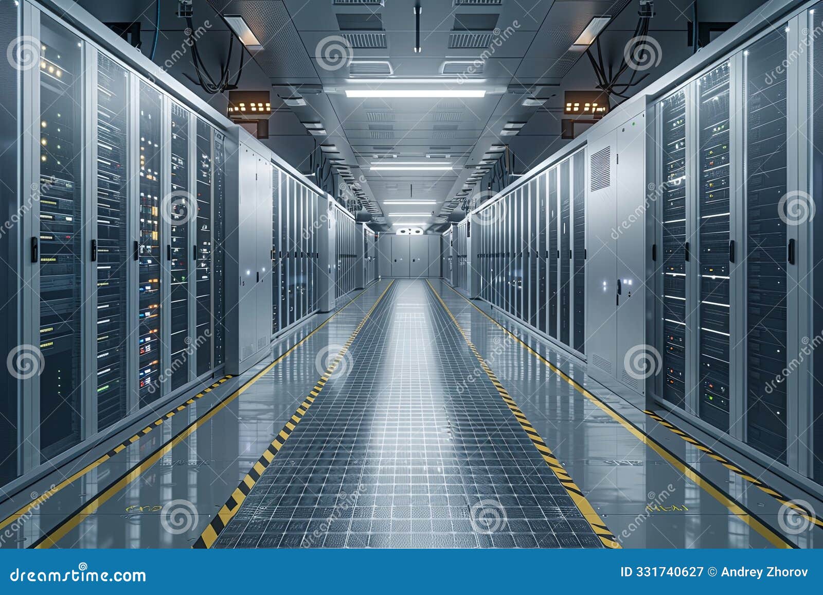 Rows of Servers Line a Well-lit Corridor in a Data Center during the ...