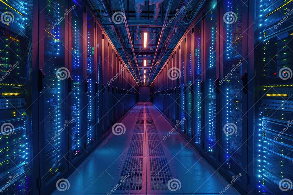 Rows of Servers in a Long Data Center Hallway. Suitable for Technology ...