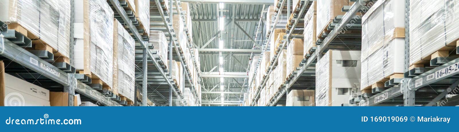 Rows of Shelves with Boxes in Modern Warehouse Stock Image - Image of ...