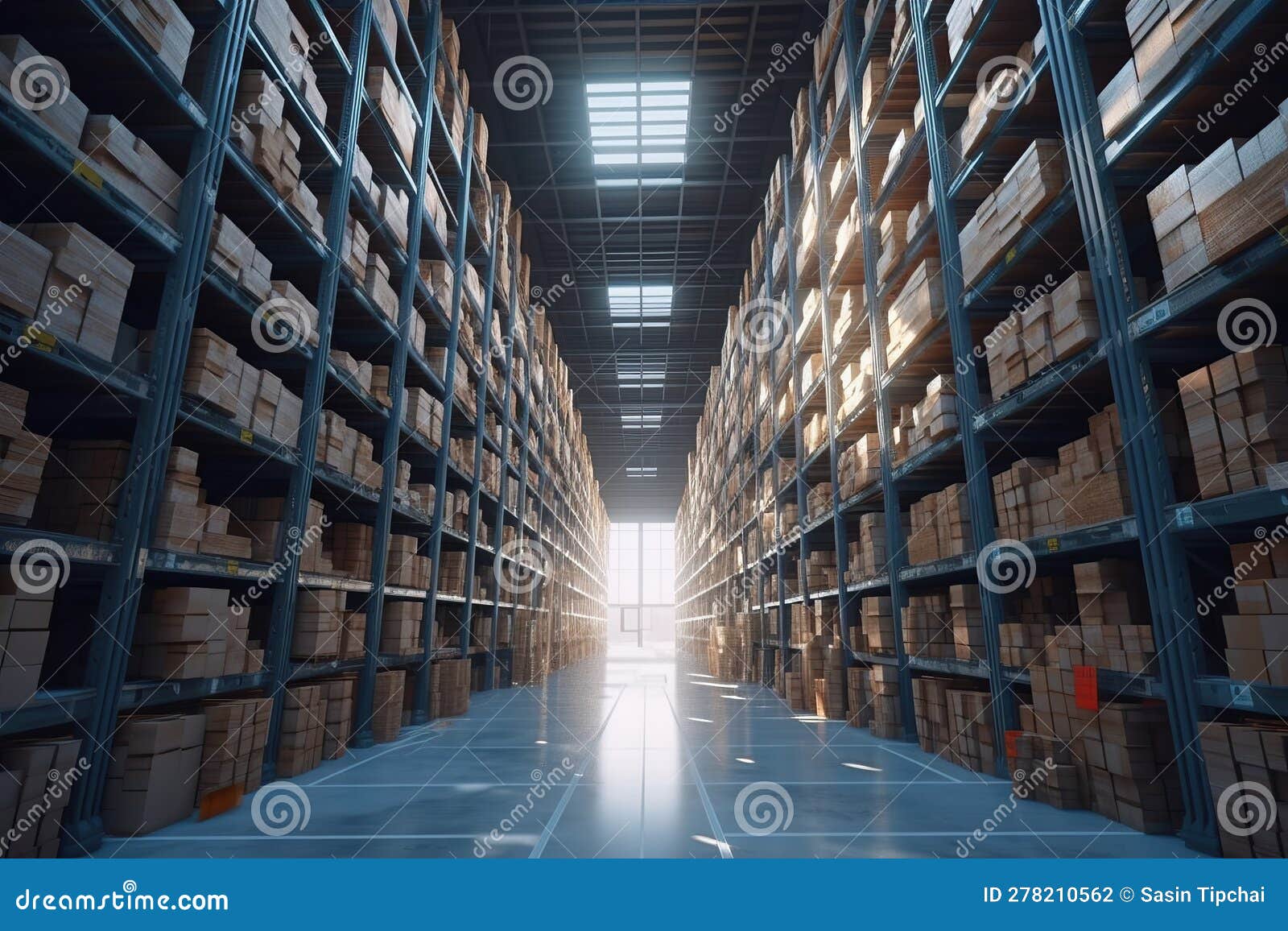 Rows of Shelves with Boxes in Modern Warehouse Stock Illustration ...