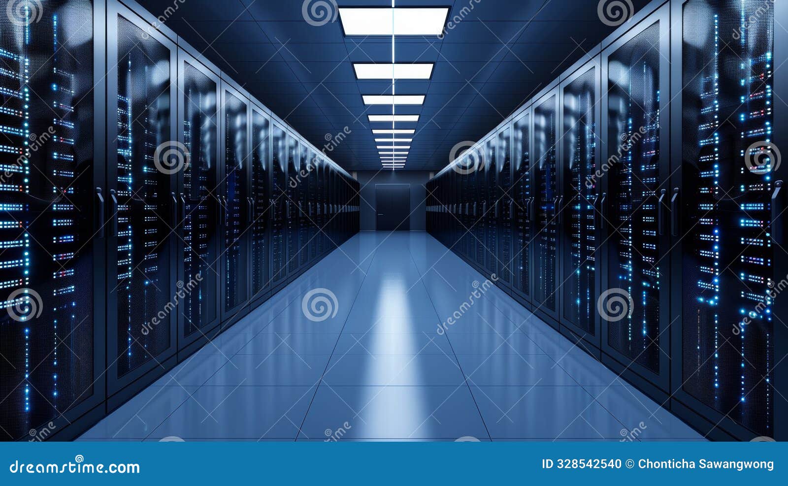 Rows of Sleek Server Racks Line a Cool, Dark Data Center Hallway Stock ...
