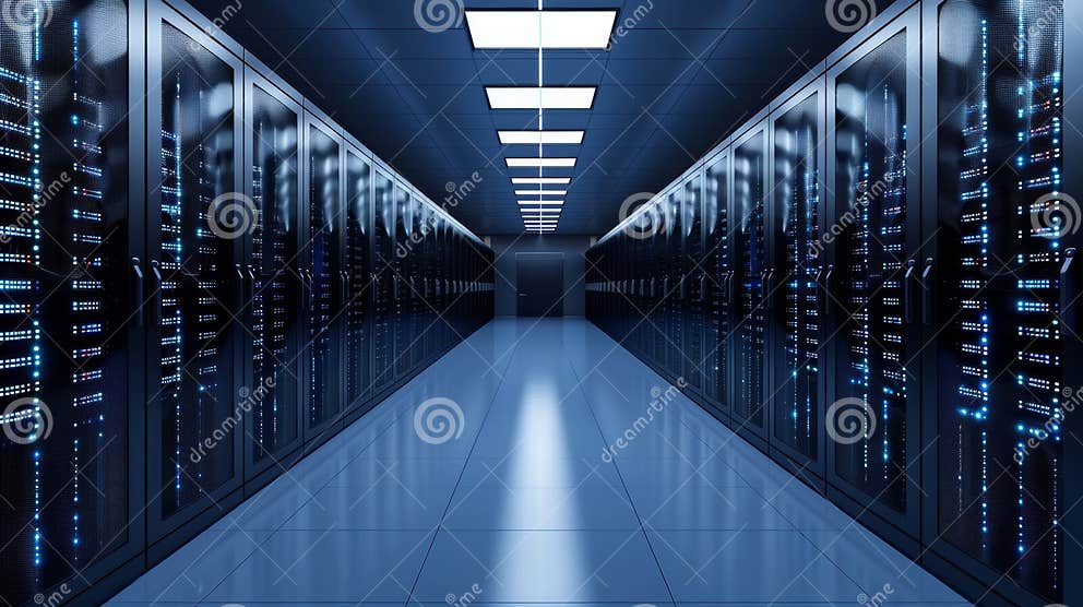 Rows of Sleek Server Racks Line a Cool, Dark Data Center Hallway Stock ...