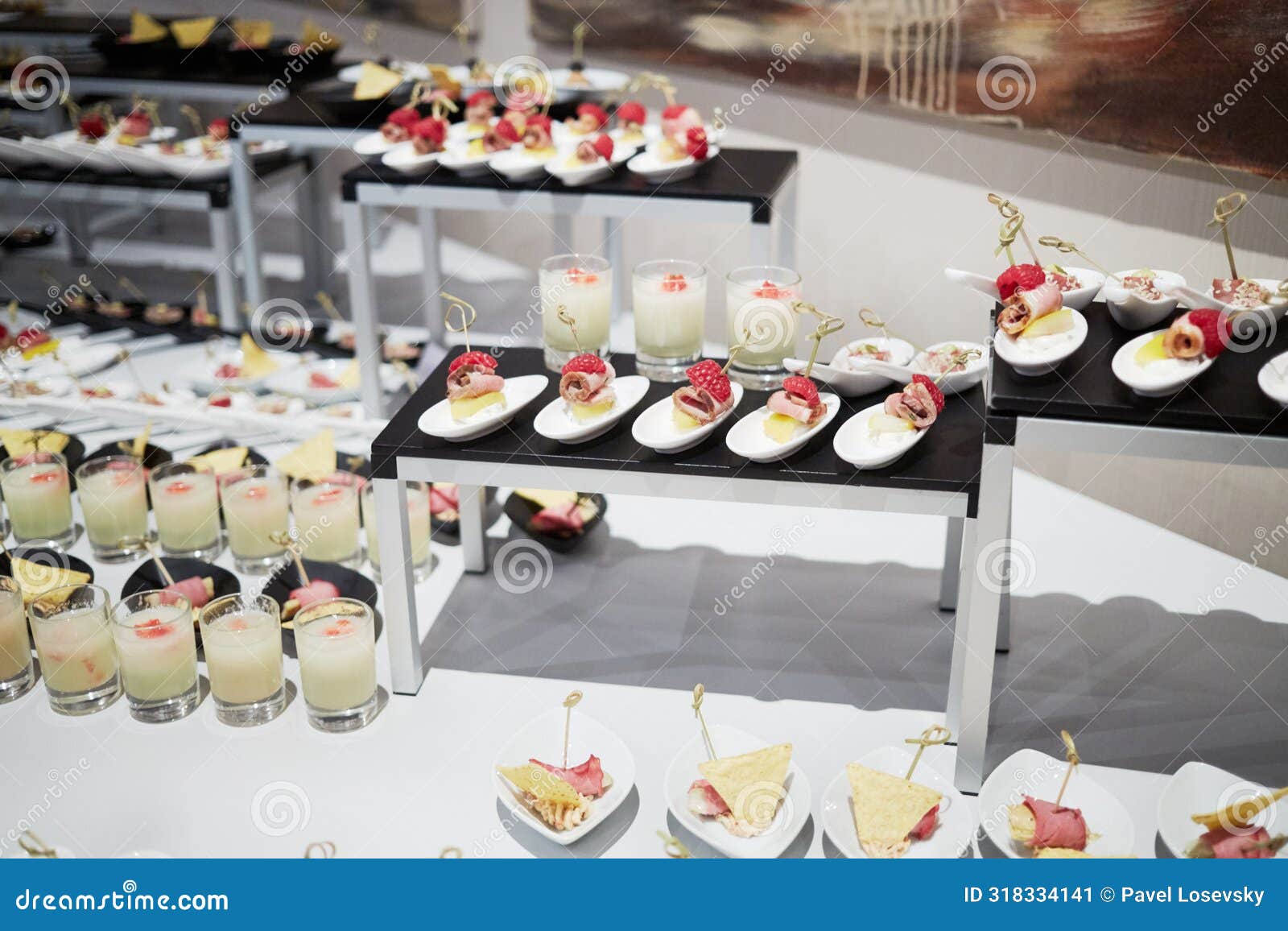 Rows of Snacks and Drinks on Banquet Table in Stock Image - Image of ...