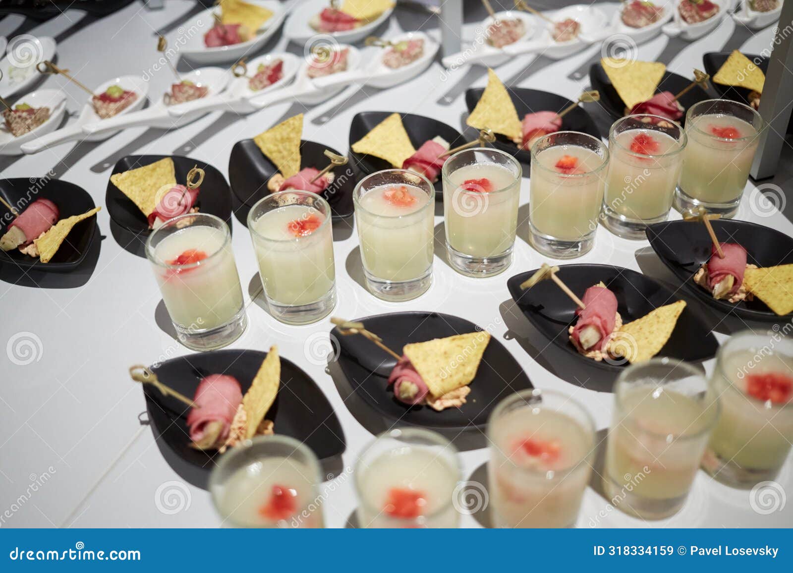 Rows of Snacks and Drinks on Banquet Table in Stock Image - Image of ...