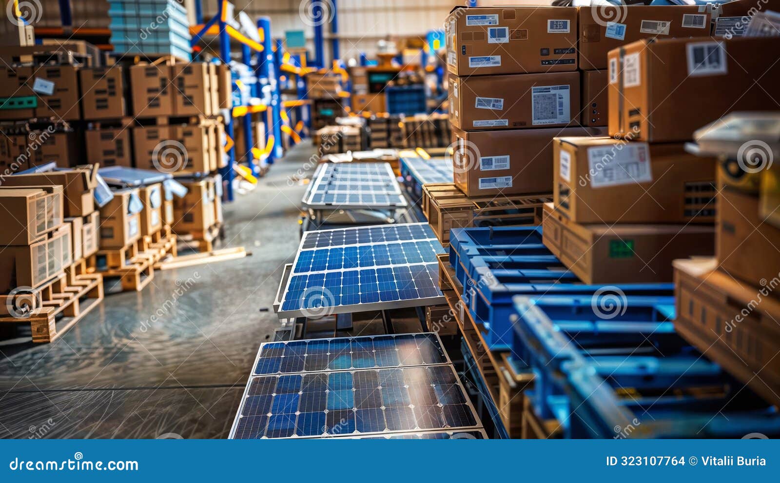 Warehouse with Solar Panels and Industrial Shelving, Emphasizing ...
