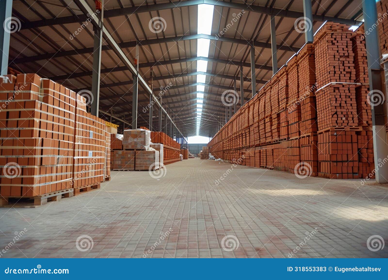 Rows Stacked Bricks Inside Modern Warehouse, Construction Storage ...