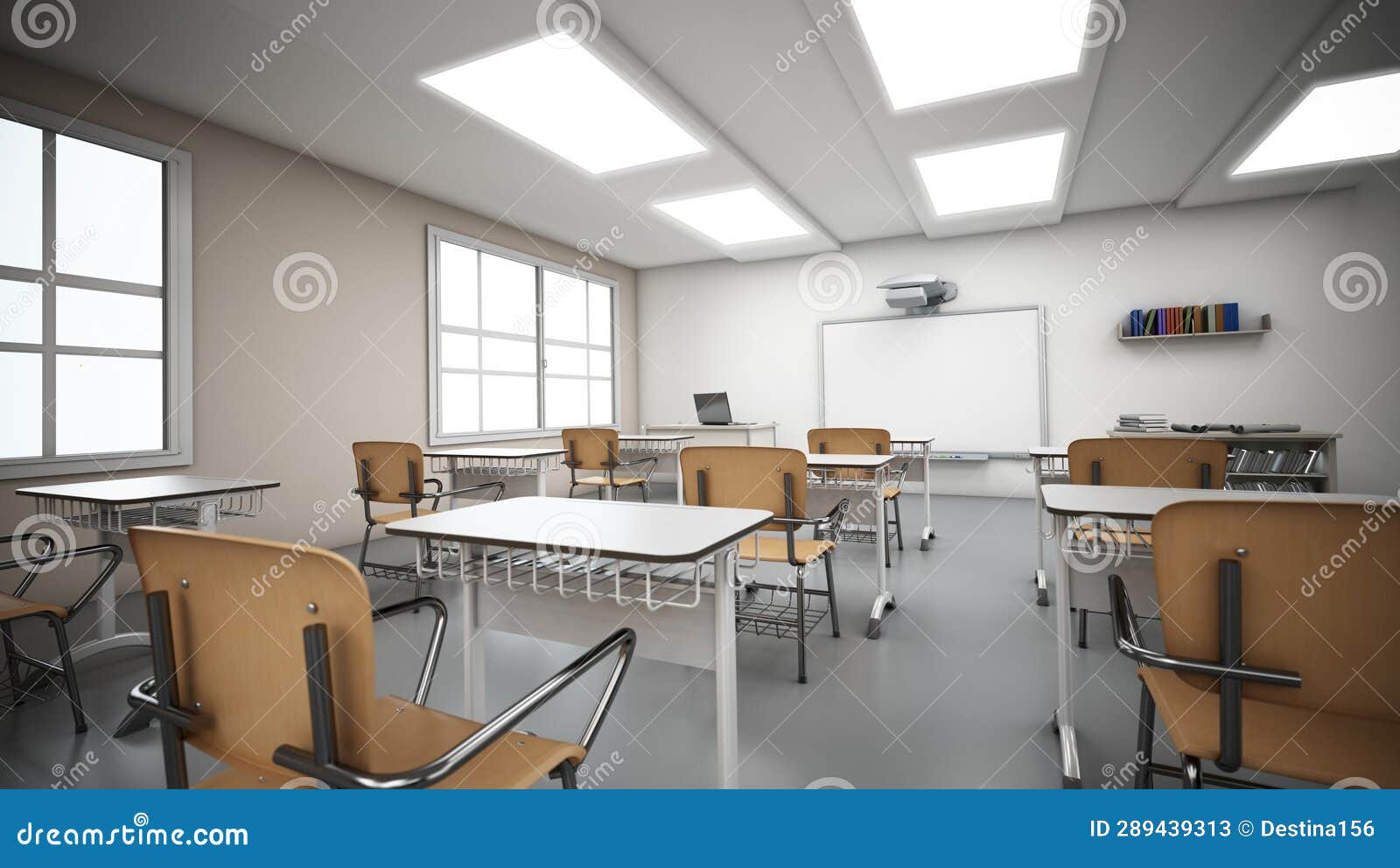 Rows of Student Desks Inside the Classroom. 3D Illustration Stock ...