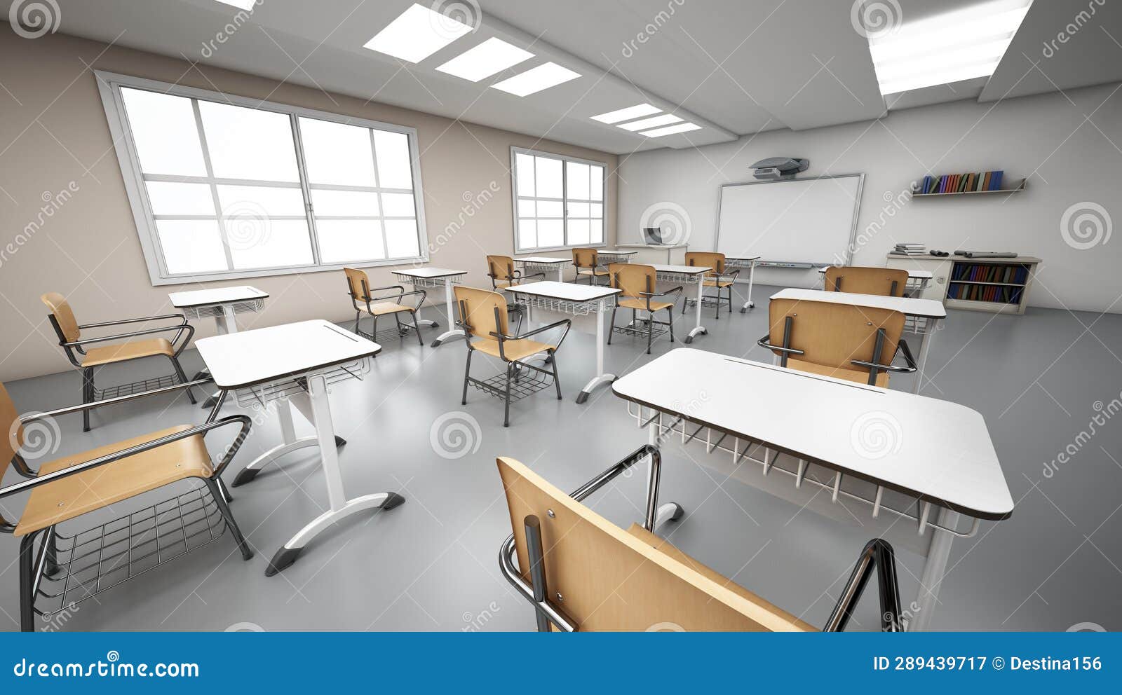 Rows of Student Desks Inside the Classroom. 3D Illustration Stock ...