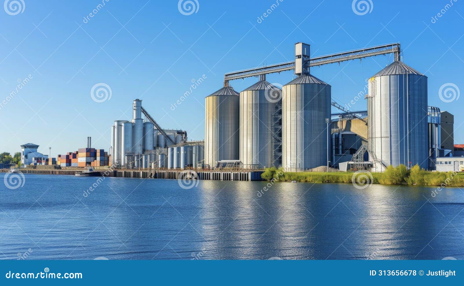 Rows of Towering Silos Standing Tall Next To the Water Filled with ...