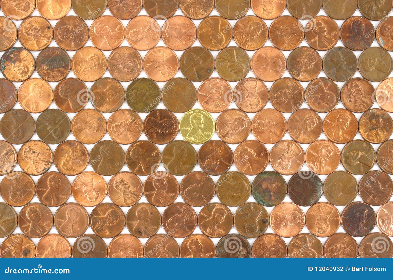 Rows of Used Pennies with Gold Cent Coin Stock Photo - Image of faded ...