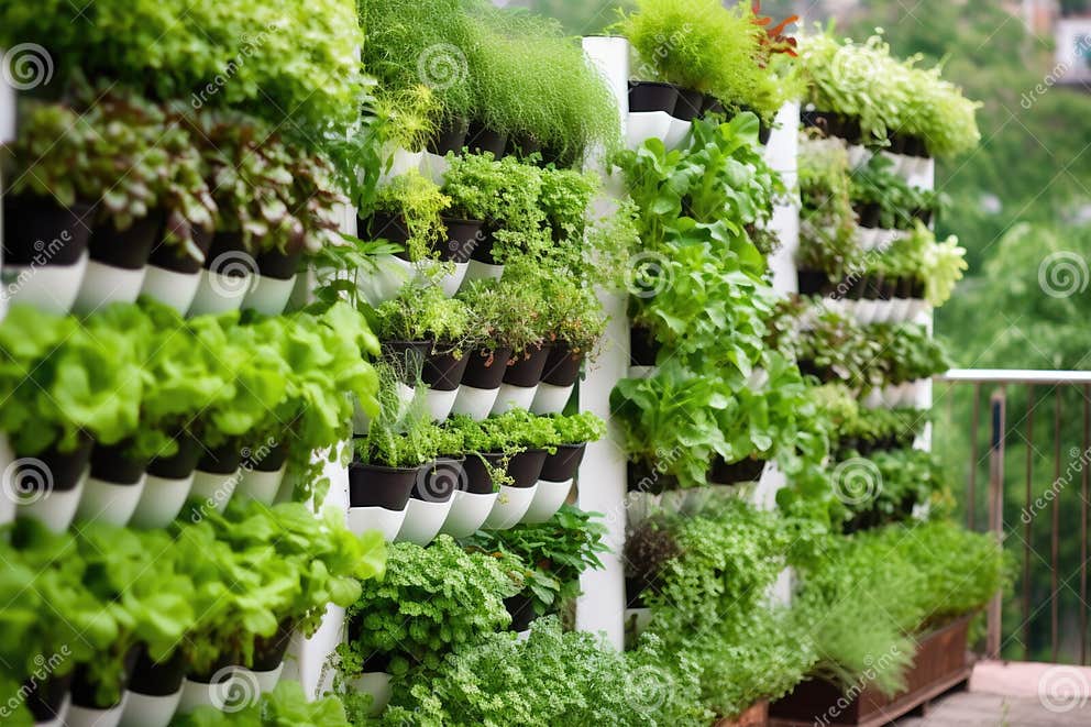 Rows of Vertical Hydroponic Planters with Herbs Stock Illustration ...