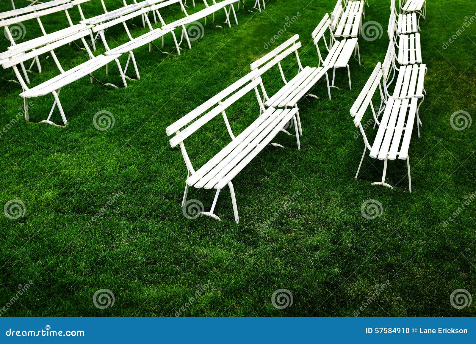 Rows of White Park Benches for Sitting on Green Grass Stock Photo ...