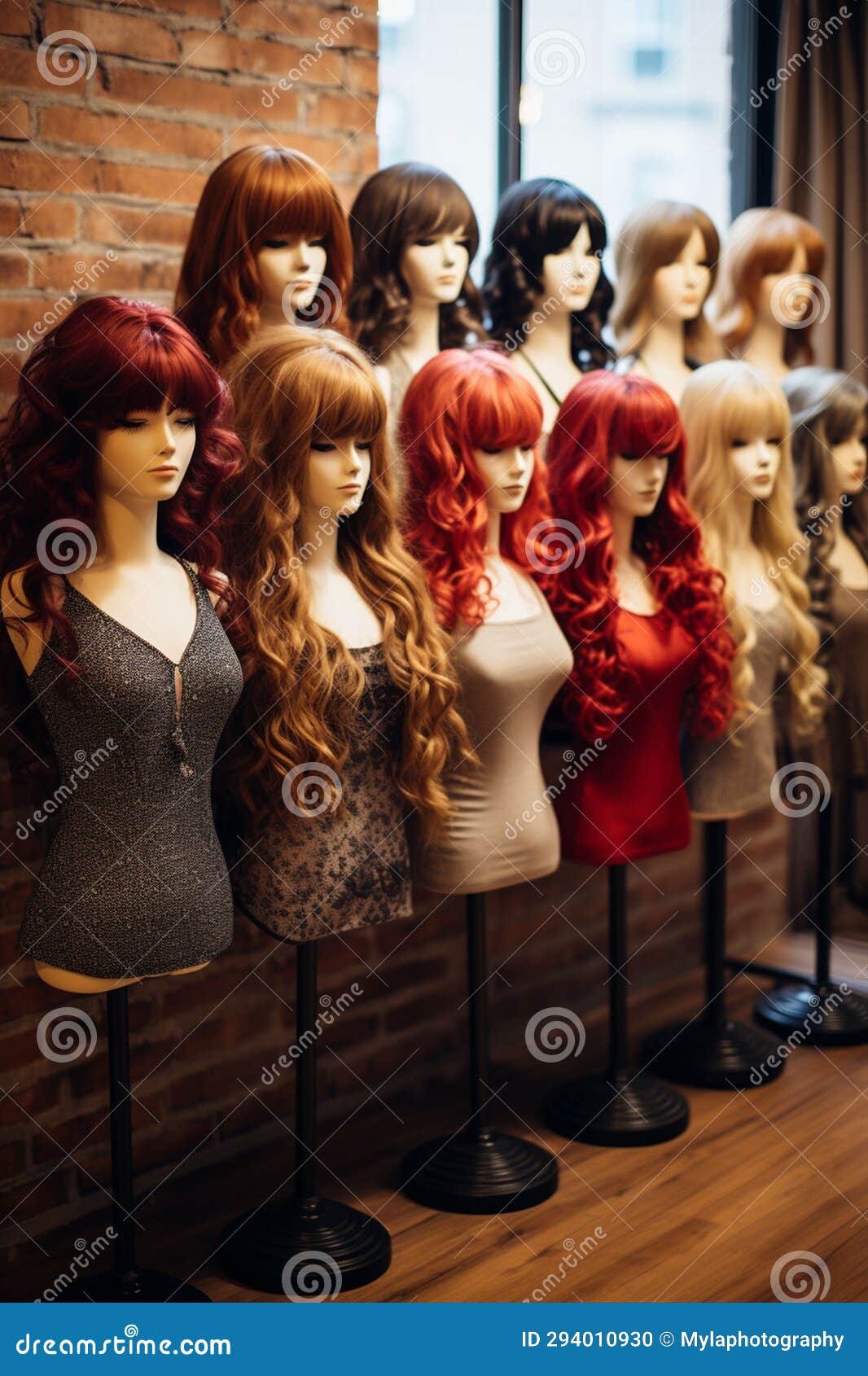 Rows of Wigs on Mannequin Heads for Display Stock Illustration ...