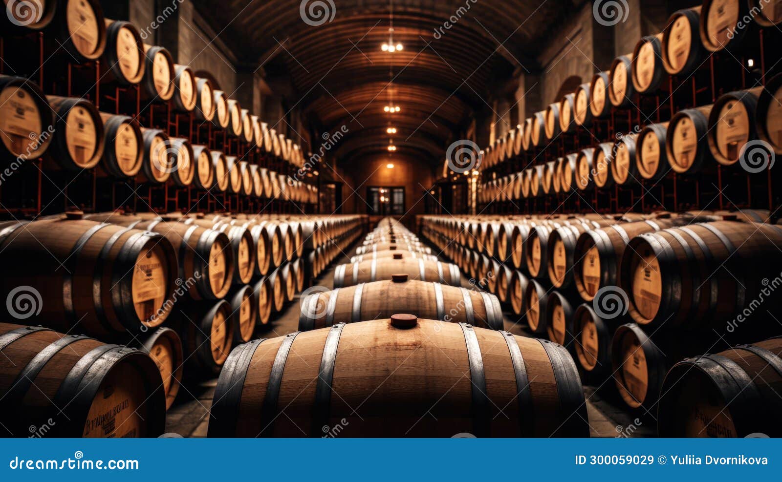 Rows of Wine Barrels in Wine-vaults in Order. Cellar with French ...