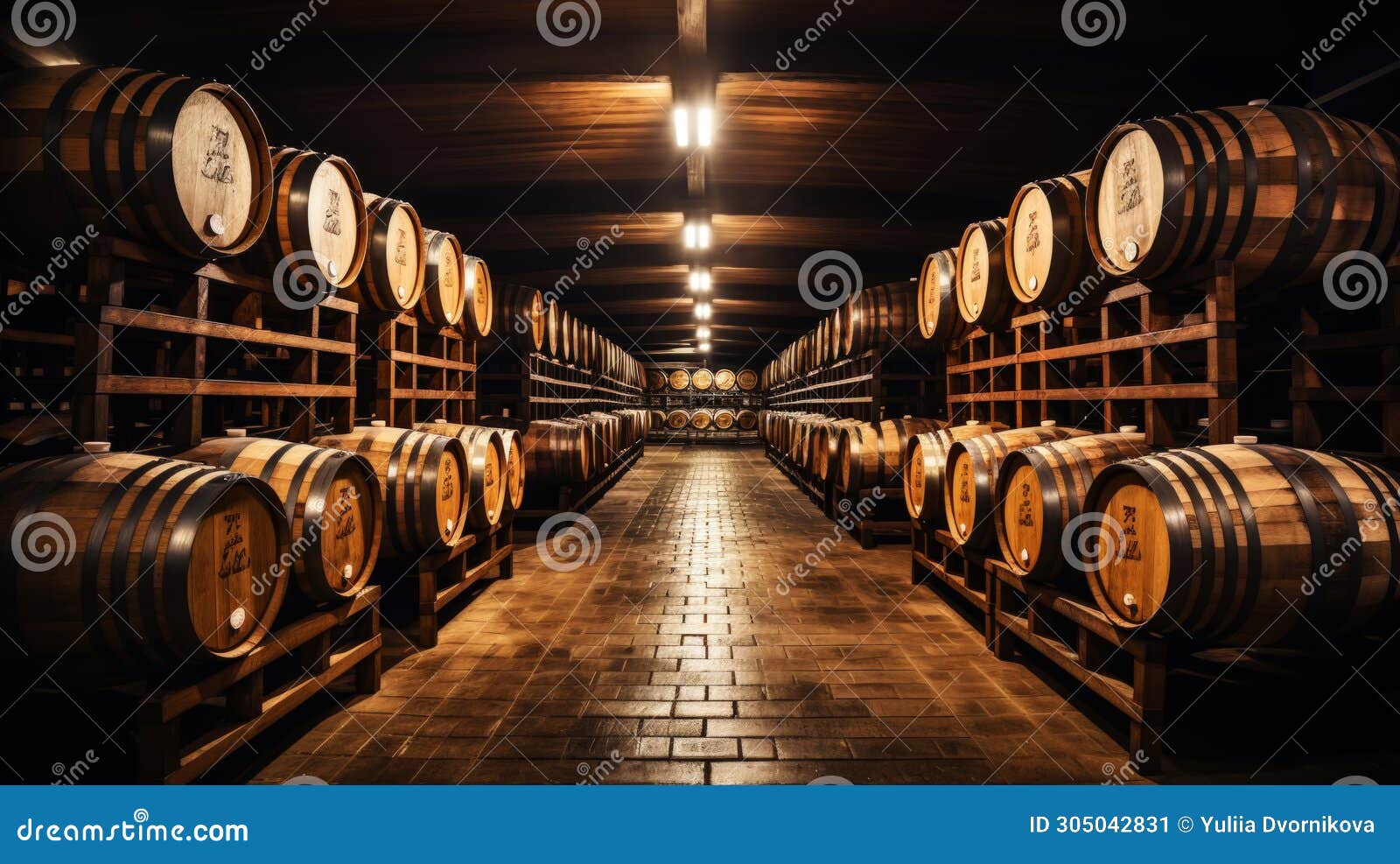 Rows of Wine Barrels in Wine-vaults in Order. Cellar with French ...