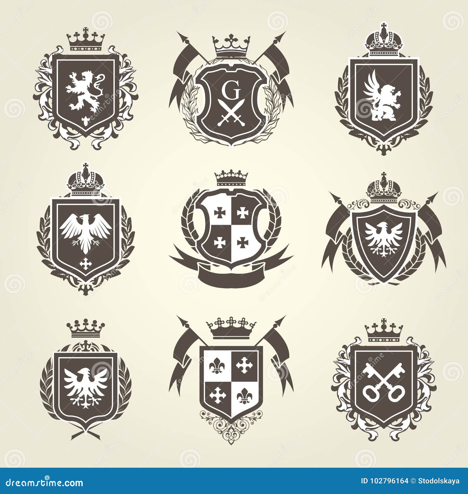 Heraldic Emblems, Shields Lions And Swords. Cartoon Vector ...