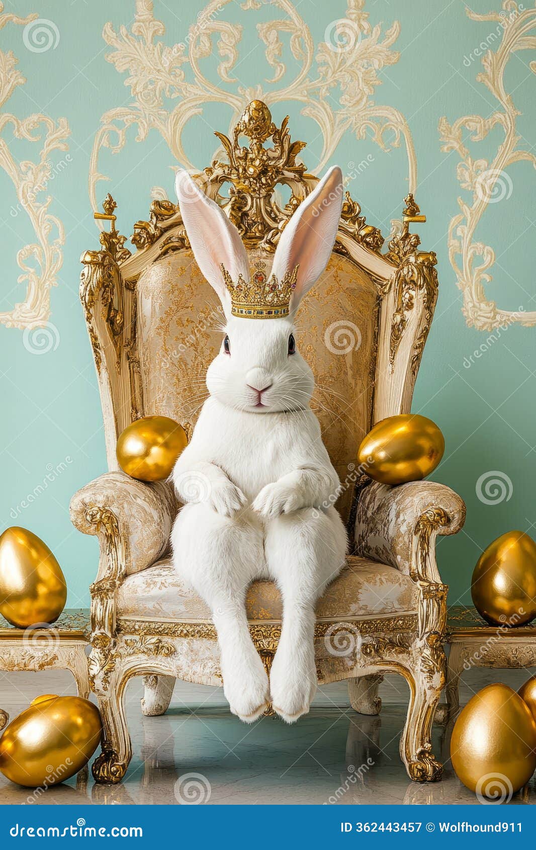 A Royal Easter Bunny Wearing a Small Golden Crown, Seated Elegantly ...