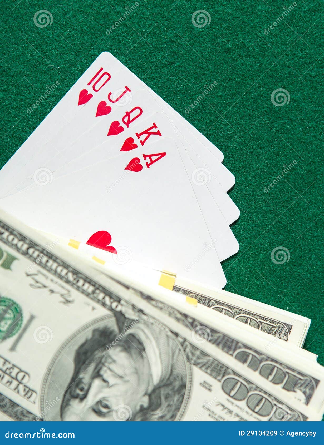 Royal Flush Poker Card Sequence with Currency Stock Image - Image of ...