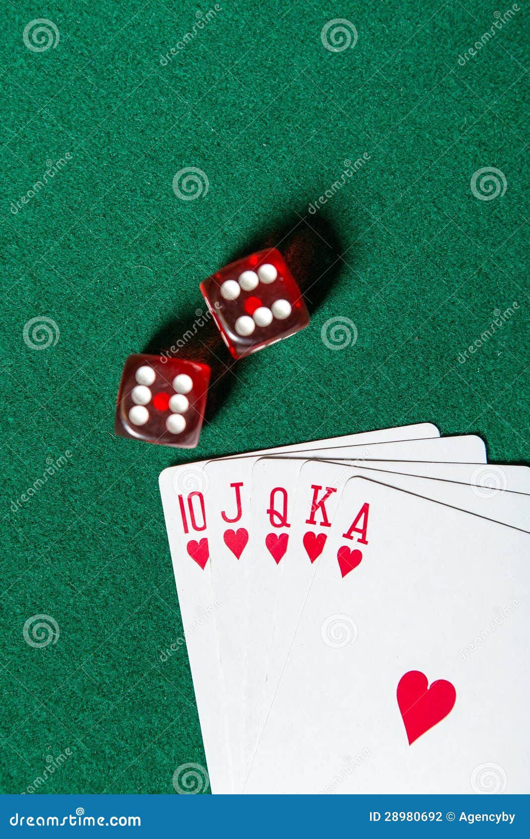 Royal Flush Poker Card Sequence Near Dices Stock Photo - Image of group ...