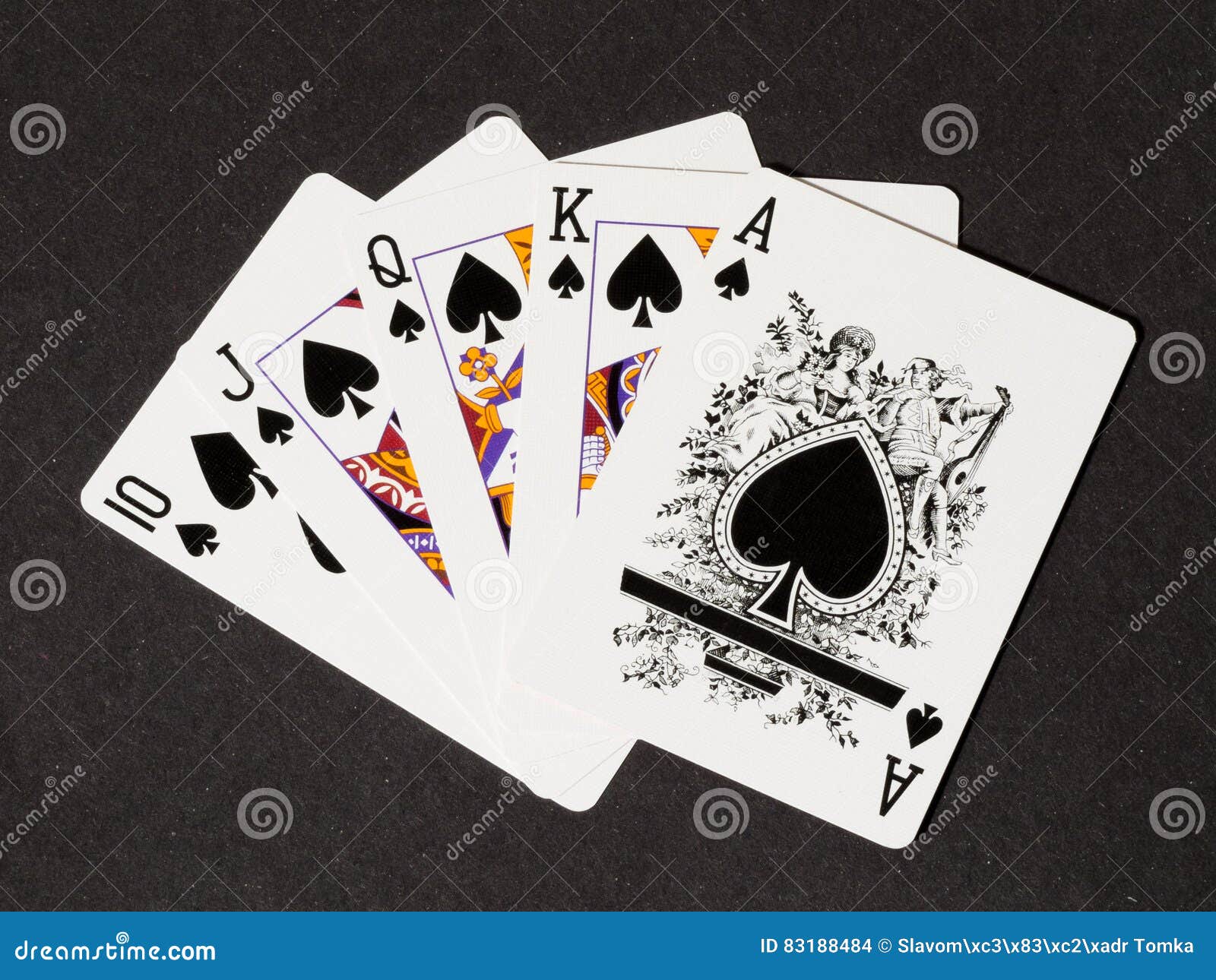 Royal Flush of Spades on Black Canvas Stock Photo - Image of risk, play ...