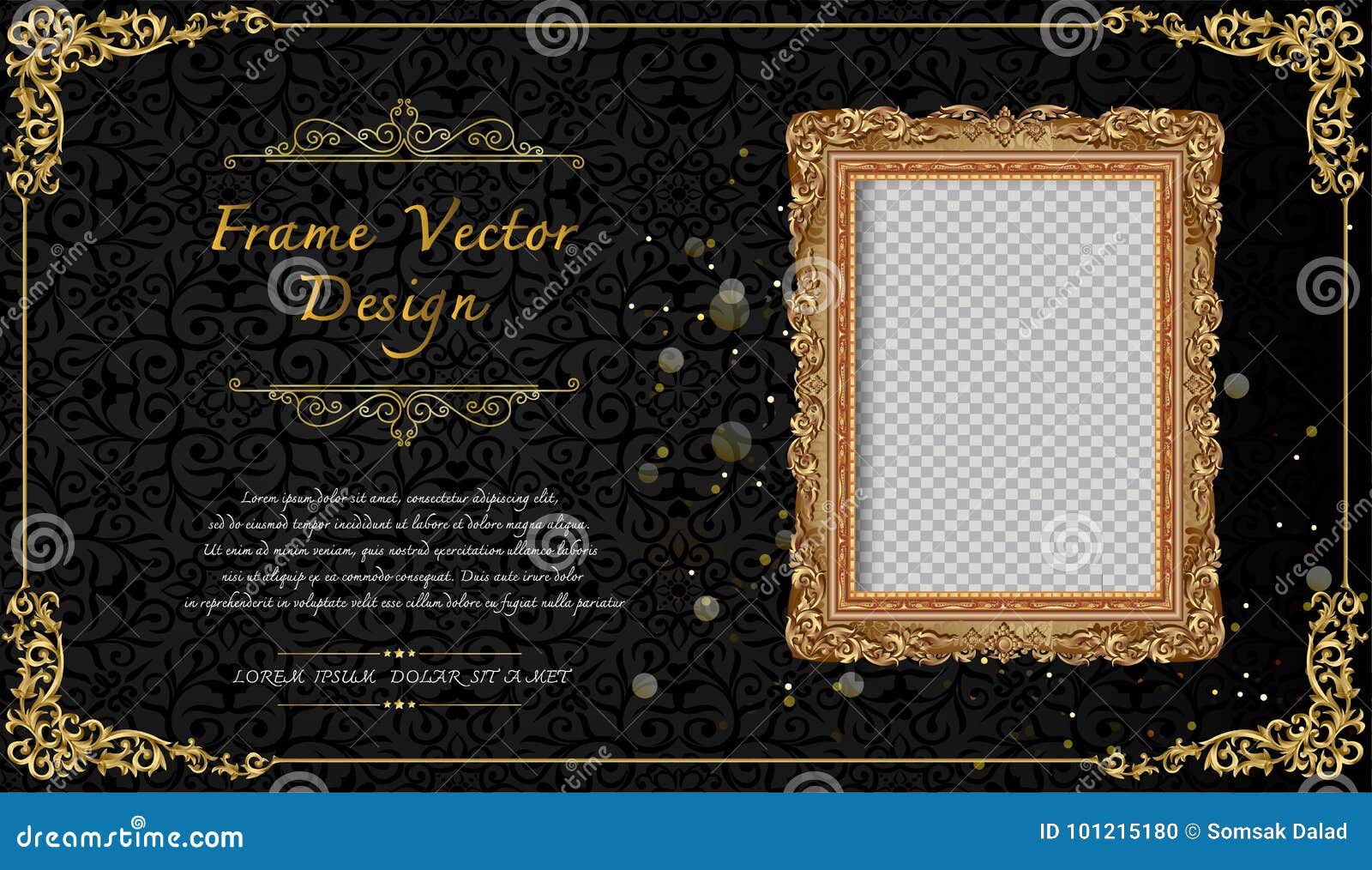 Royal Frame on Black Pattern Background, Vintage Photo Frame on Drake ...