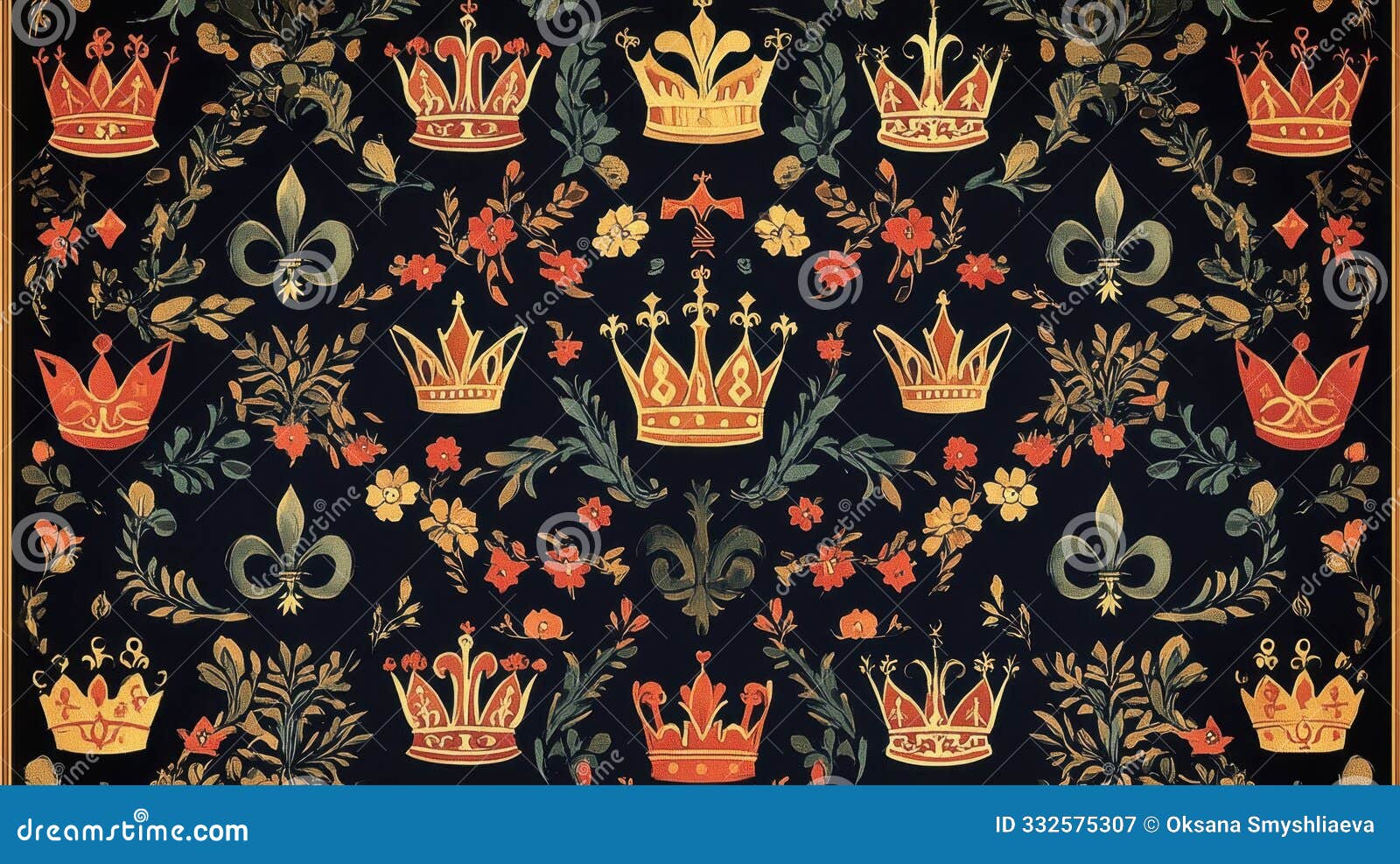 Royal-Inspired Vintage Floral and Crown Pattern Wallpaper Stock Image ...