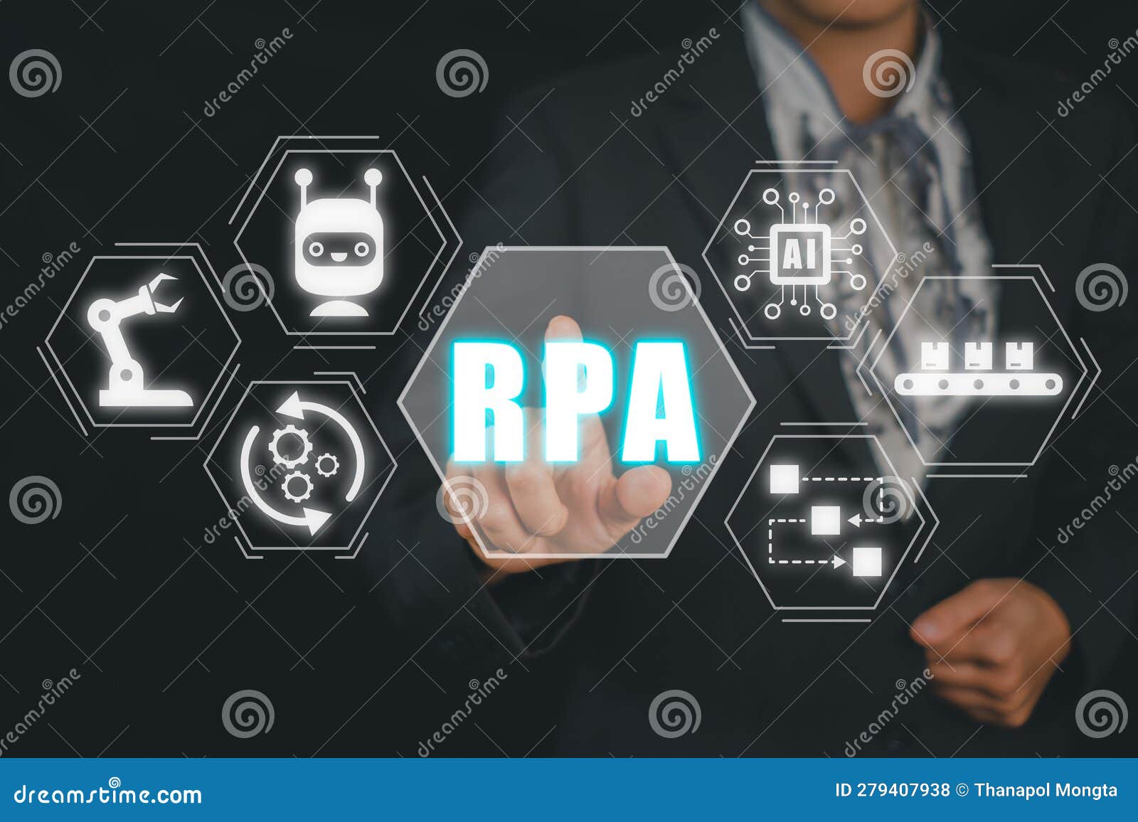 Person Hand Touching RPA Icon on Virtual Screen Stock Illustration ...