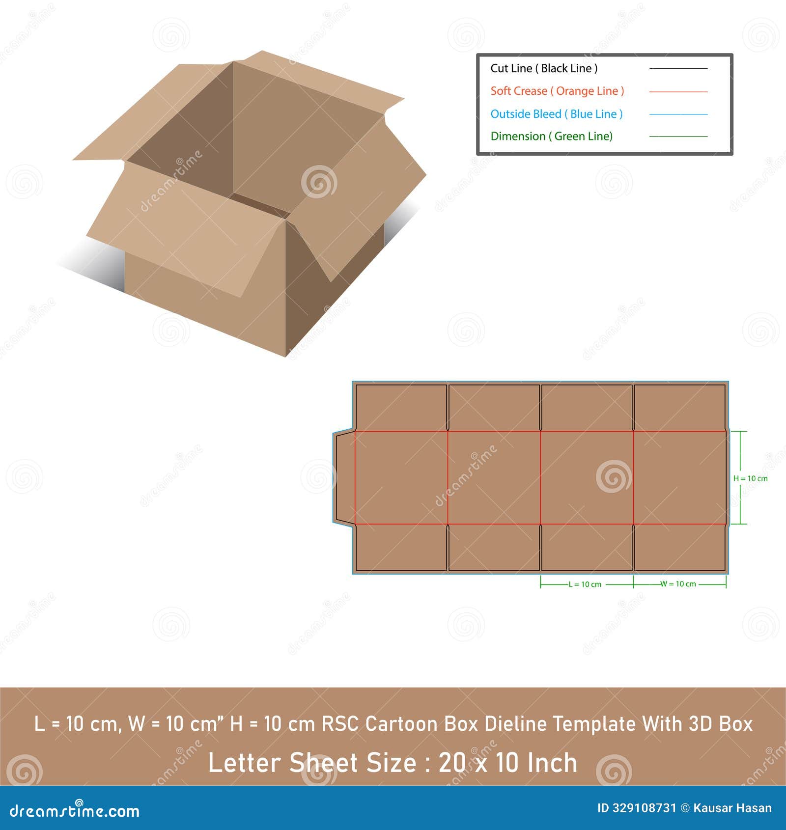 RSC Cartoon Box Dieline Template and 3D Box Stock Vector - Illustration ...