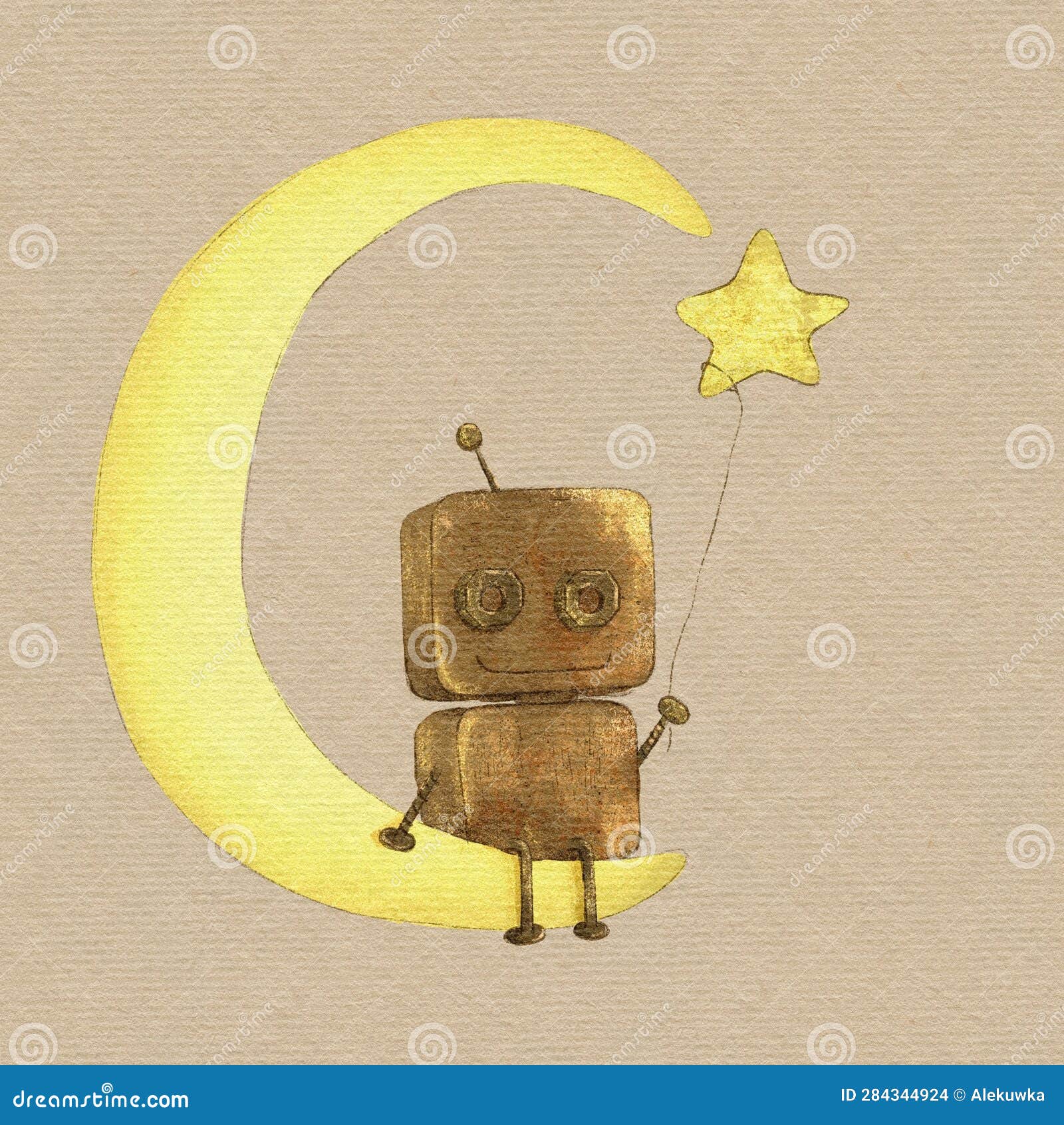 Drawing of a Cute Vintage Rusty Scuffed Robot on Textured Paper on a ...