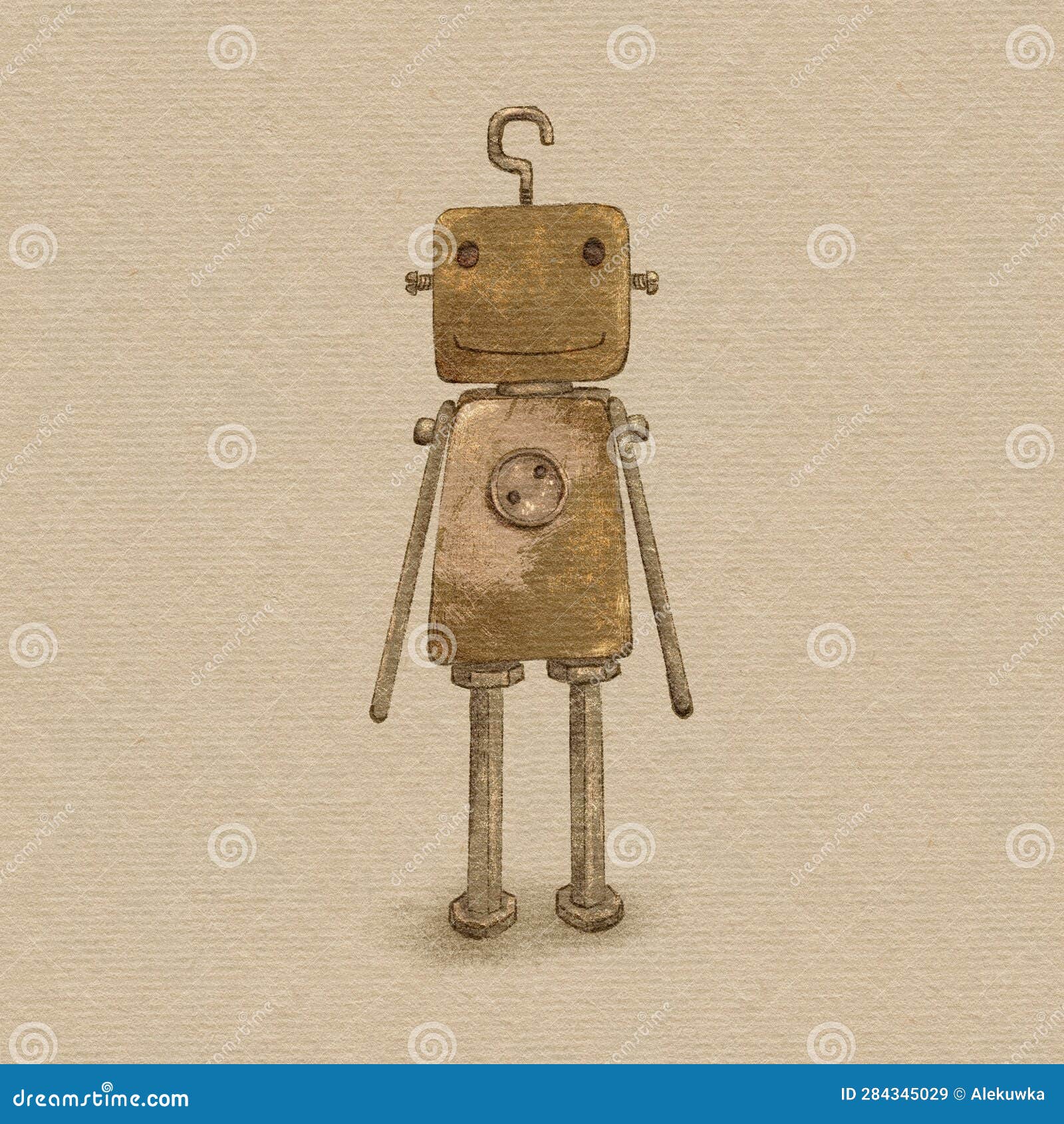 Drawing of a Cute Vintage Rusty Scuffed Robot on Textured Paper on a ...