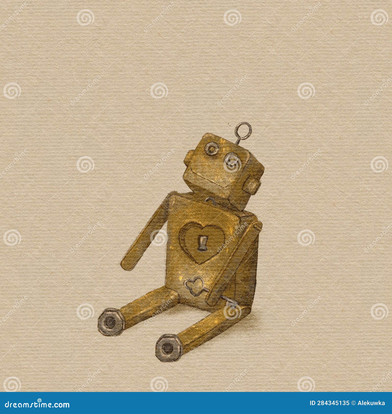 Drawing of a Cute Vintage Rusty Scuffed Robot on Textured Paper on a ...