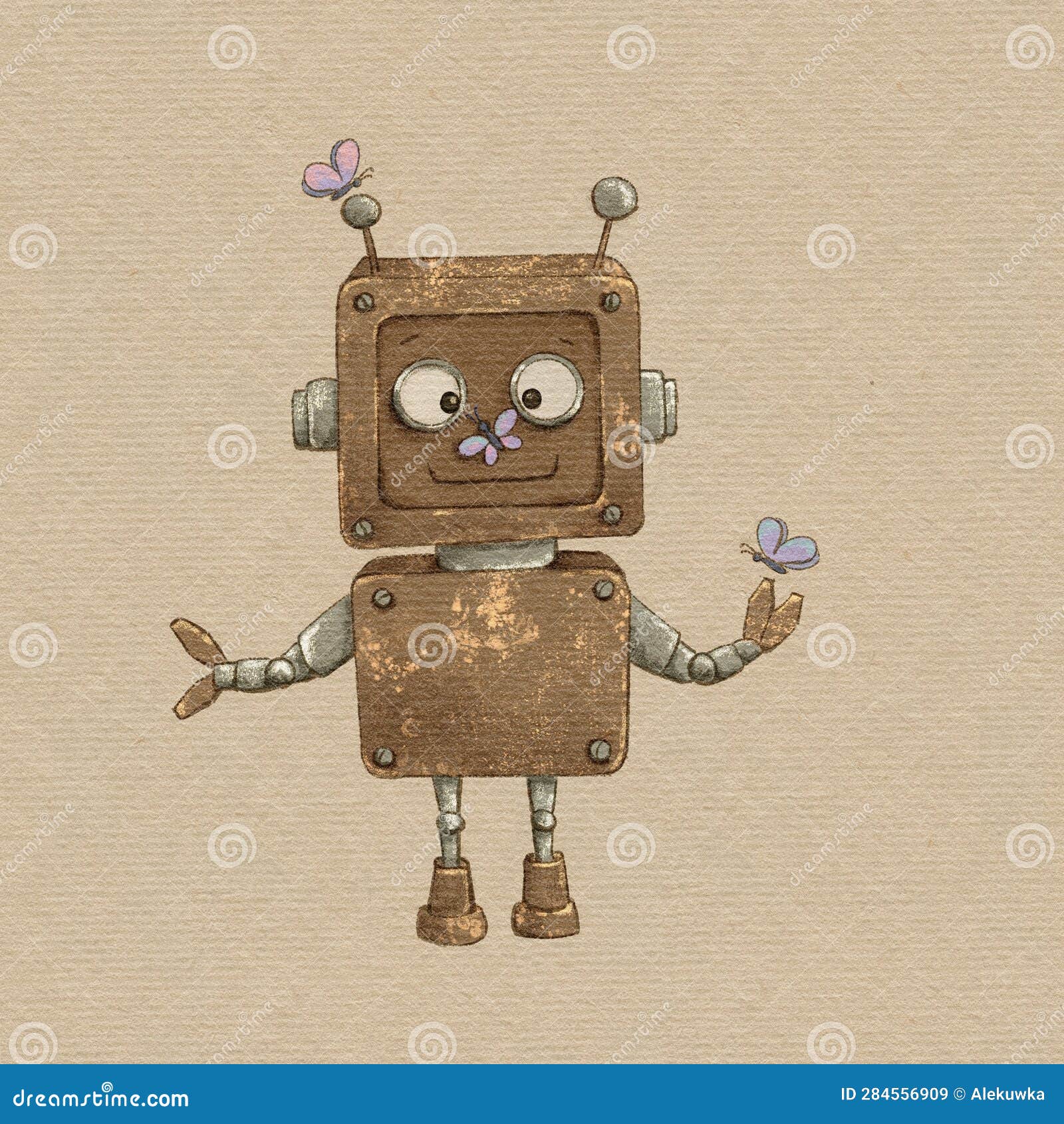 Drawing of a Cute Vintage Rusty Scuffed Robot on Textured Paper on a ...