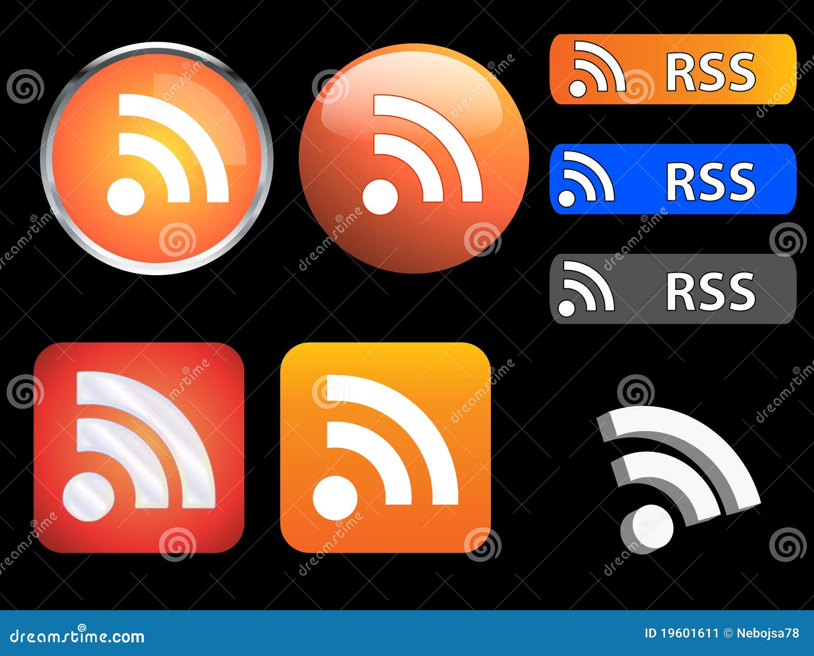 RSS icons and buttons stock vector. Illustration of metallic - 19601611