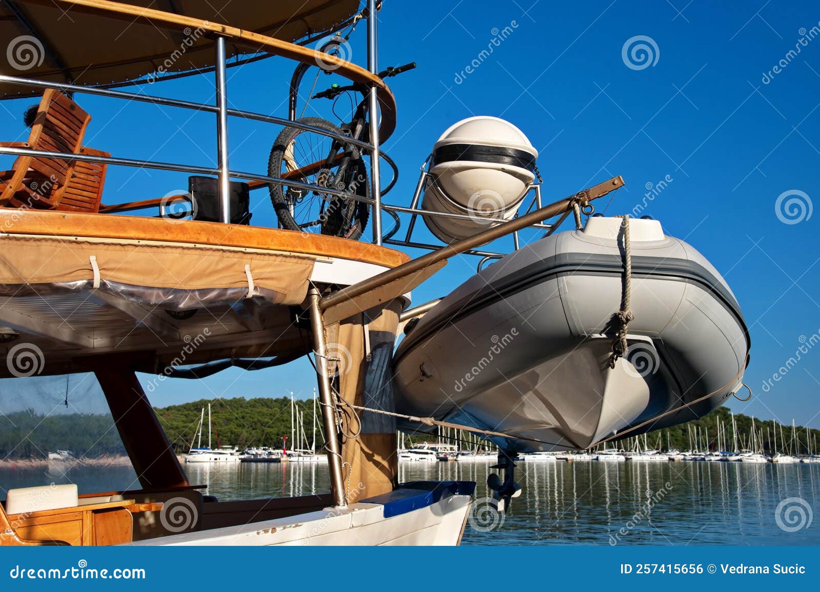 Rubber boat on the ship stock photo. Image of sailing - 257415656