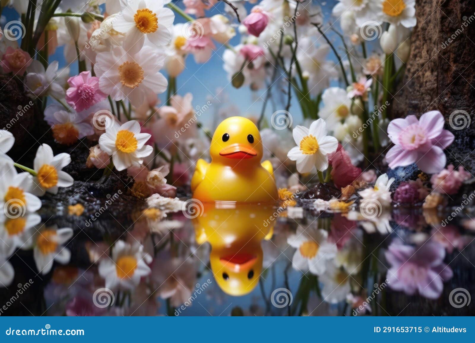 A Rubber Duck in a Puddle, Surrounded by Spring Flowers Stock Image ...